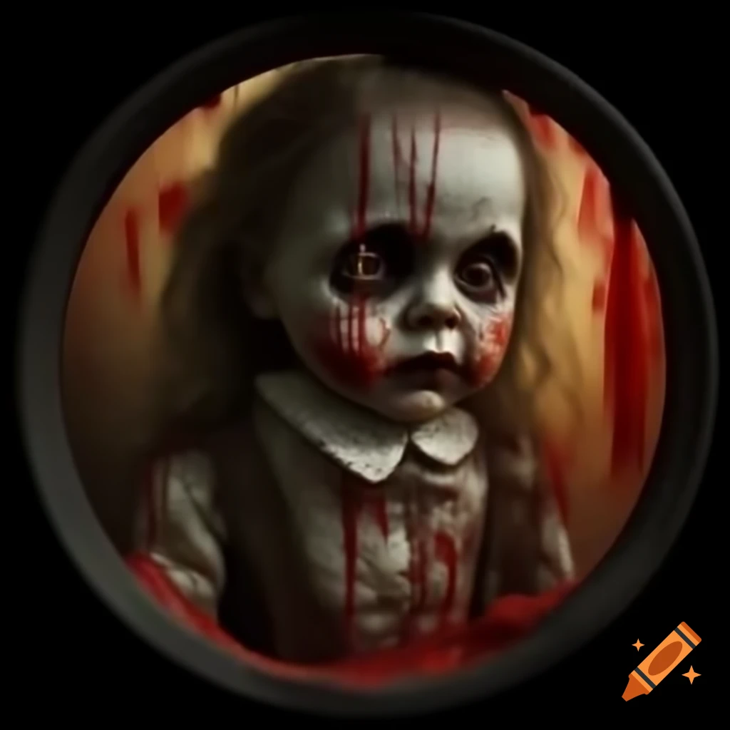 Macabre doll bruised and bloody in circular frame, inspired by Joel ...