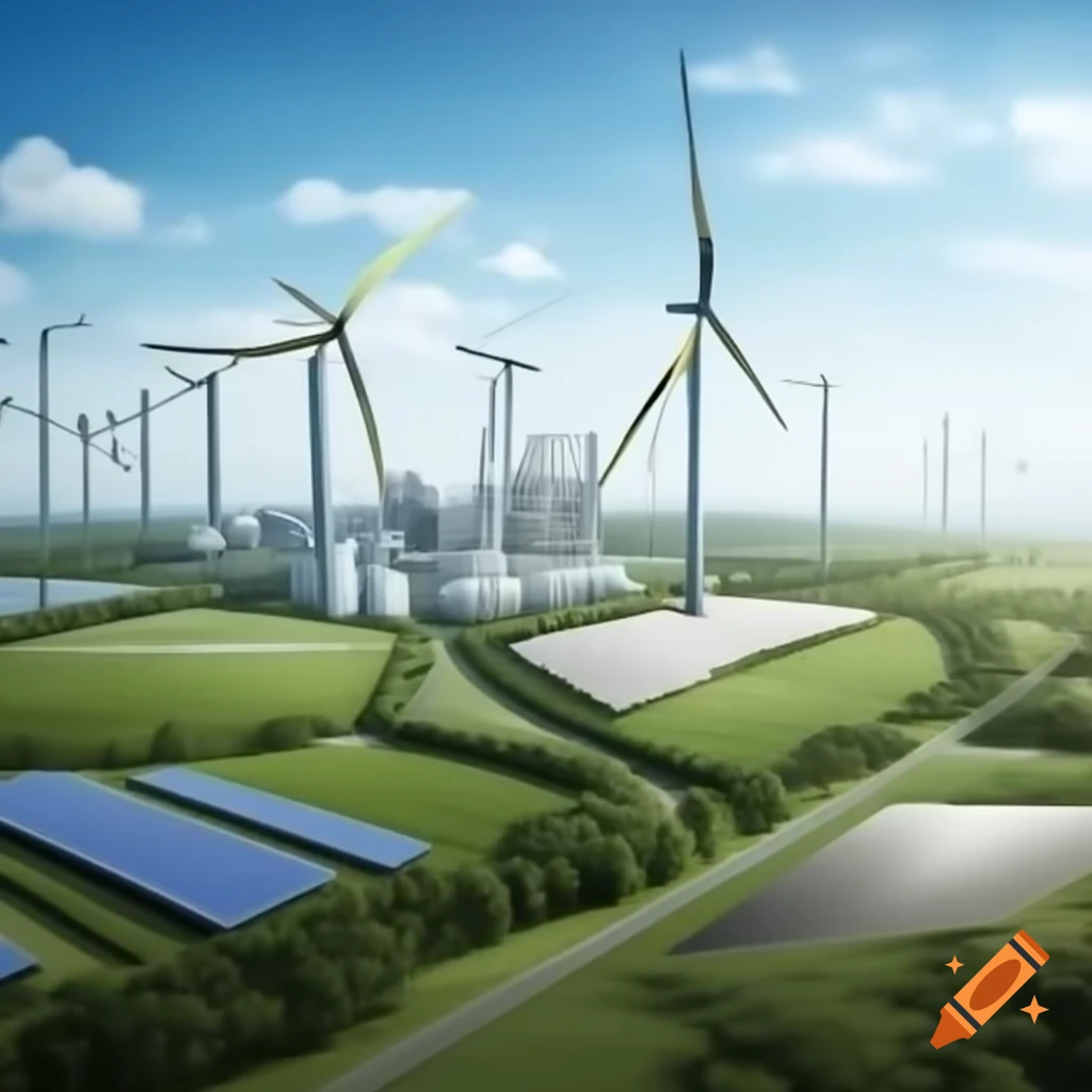 Modern landscape showcasing energy transition with wind turbines and ...