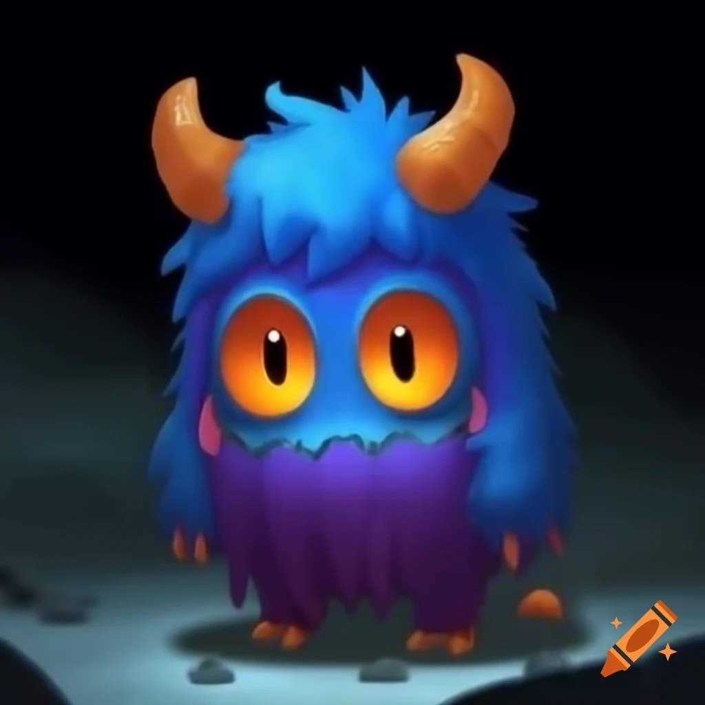 Adorable female monster with orange eyes and colorful fur on a fiery ...