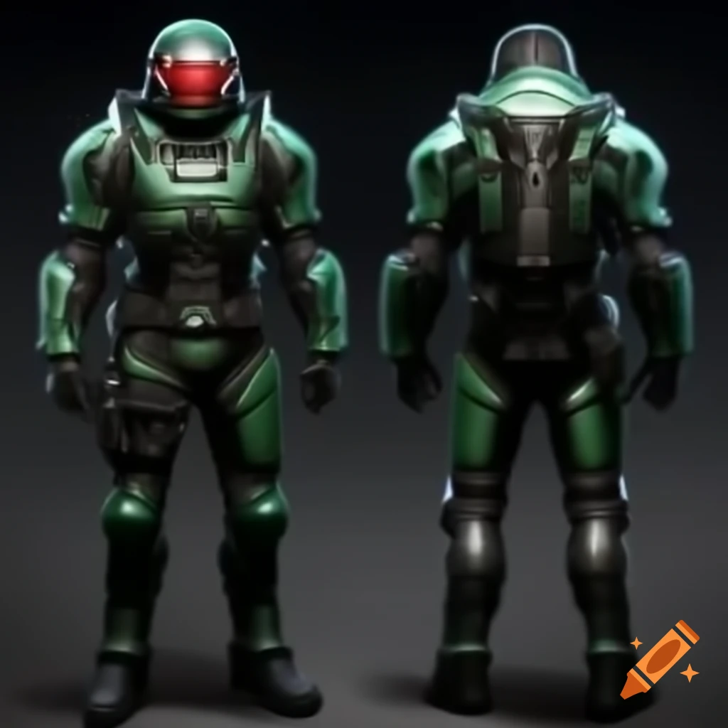 Futuristic soldier in black and dark green armor with red chameleon ...