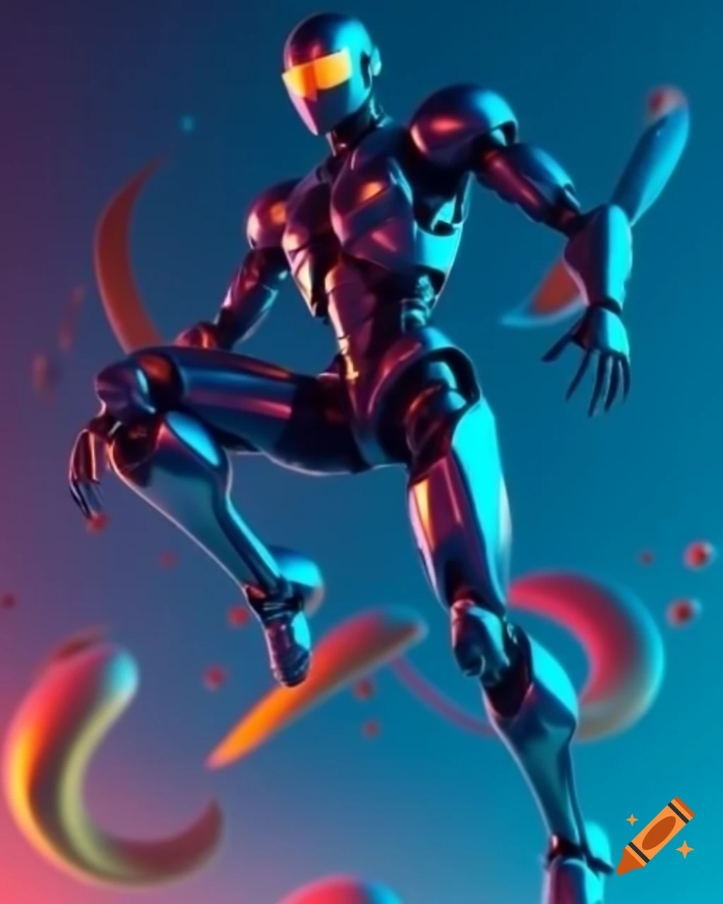 Cyborg performing acrobatic maneuver in mid-air against colorful ...