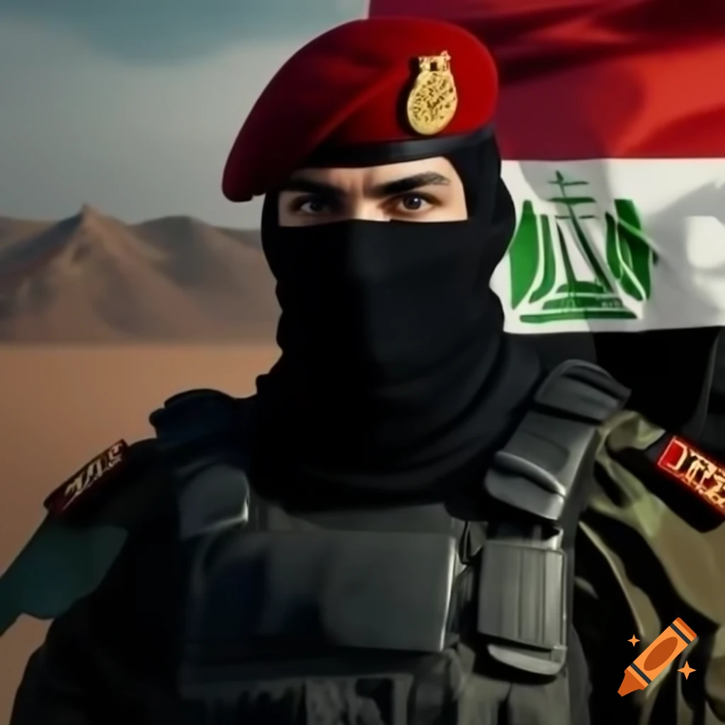 Military officer in black armor with red beret and Iraqi flag on Craiyon