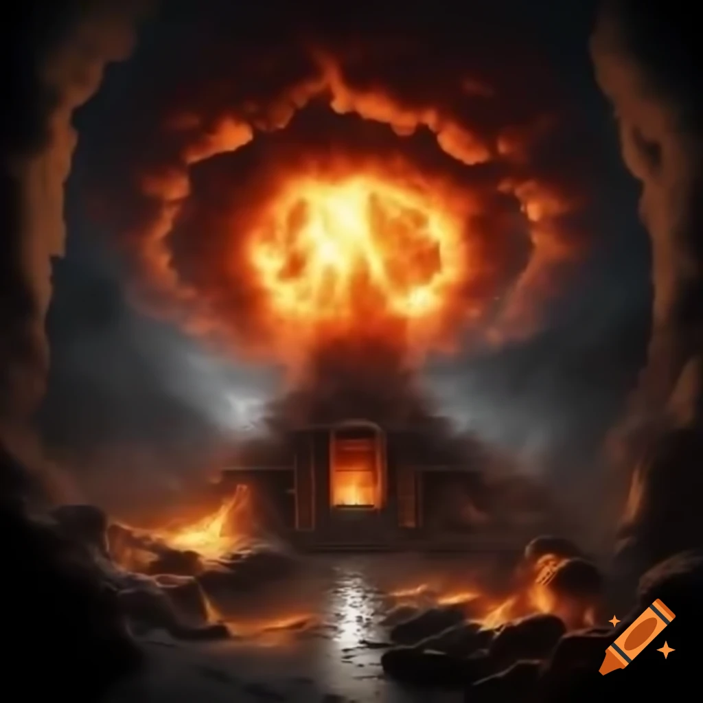 Dungeon chamber with fiery explosion and smoke filling the air on Craiyon