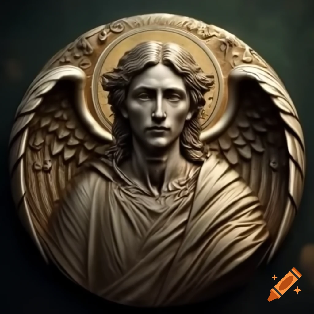 Ancient coin depicting holy seraphim with furled wings and long robes ...