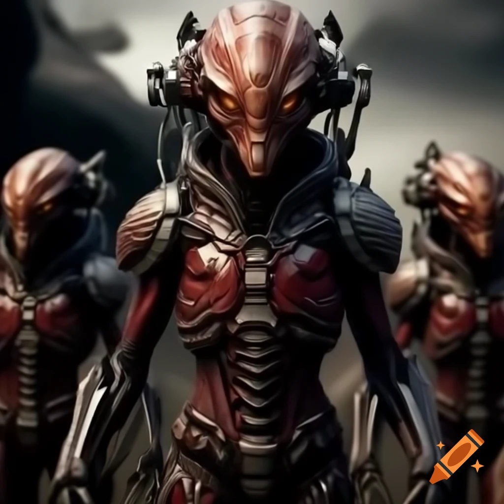 Group of three human-sized aliens with dark red skin and futuristic ...