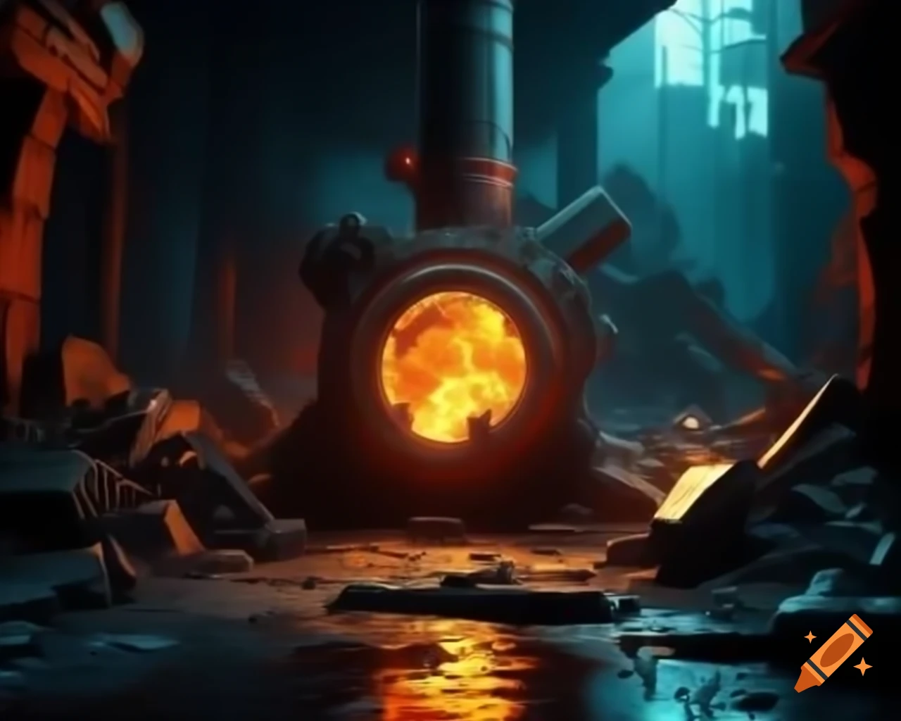 Neon sign illuminating cyberpunk blacksmith's forge in post-apocalyptic ...
