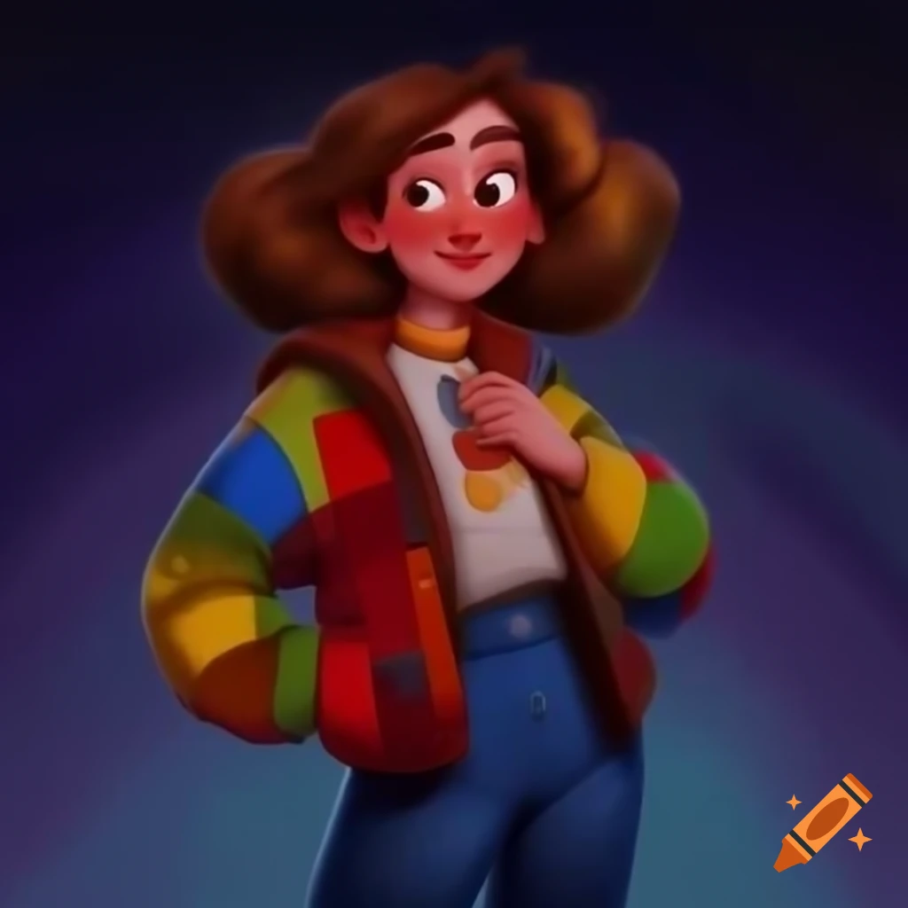 Creative woman in colorful patchwork jacket and colorful hair, Disney ...