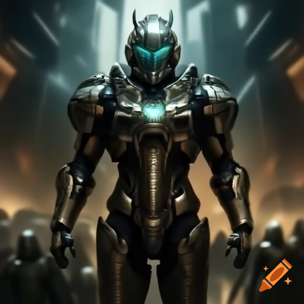 Futuristic knight in azure armor against sprawling metropolis with ...