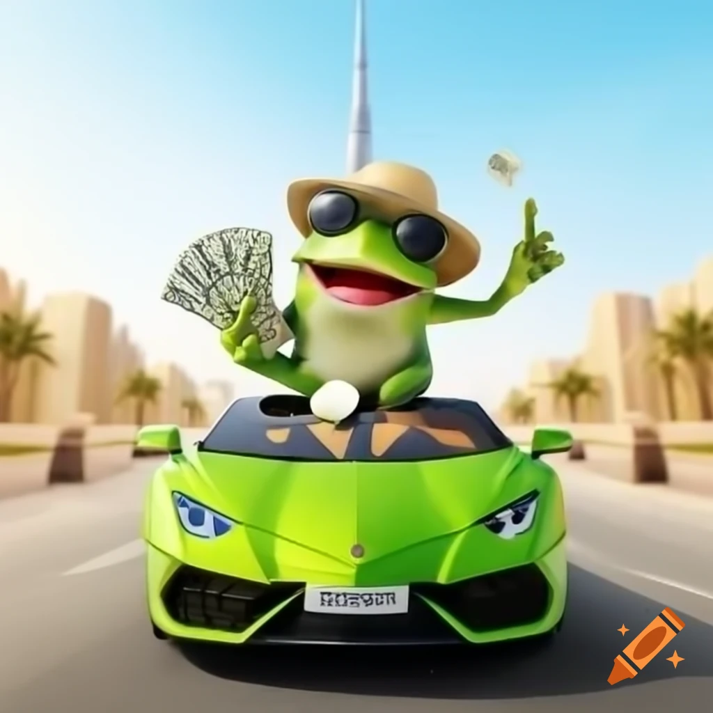 Cute frog in sunglasses on Lamborghini with Burj Khalifa and camels in ...