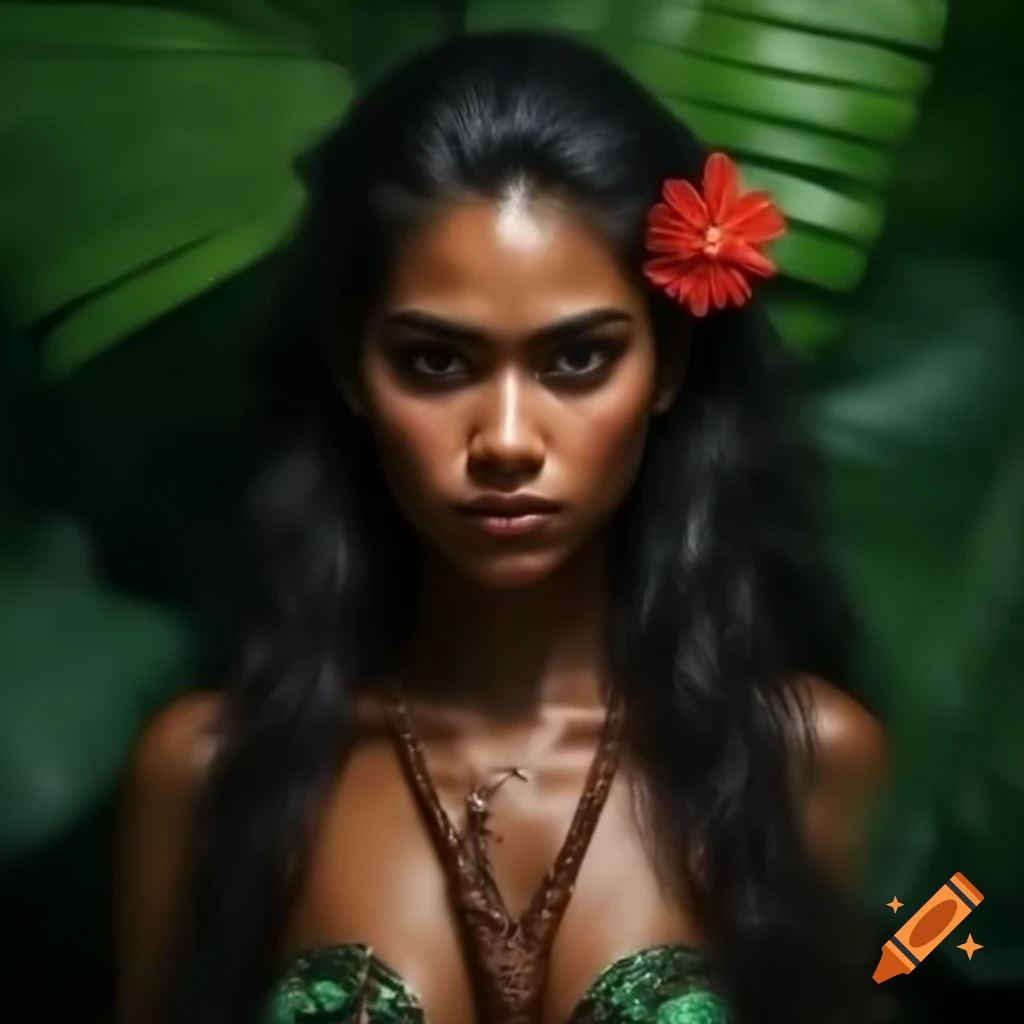 Magical Polynesian woman in cropped dance outfit on jungle dance floor on Craiyon