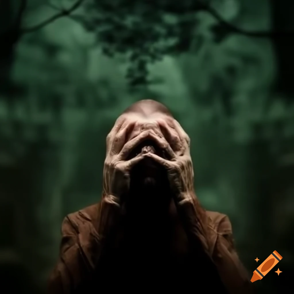 Man obscuring his vision in a cellar surrounded by forest on Craiyon