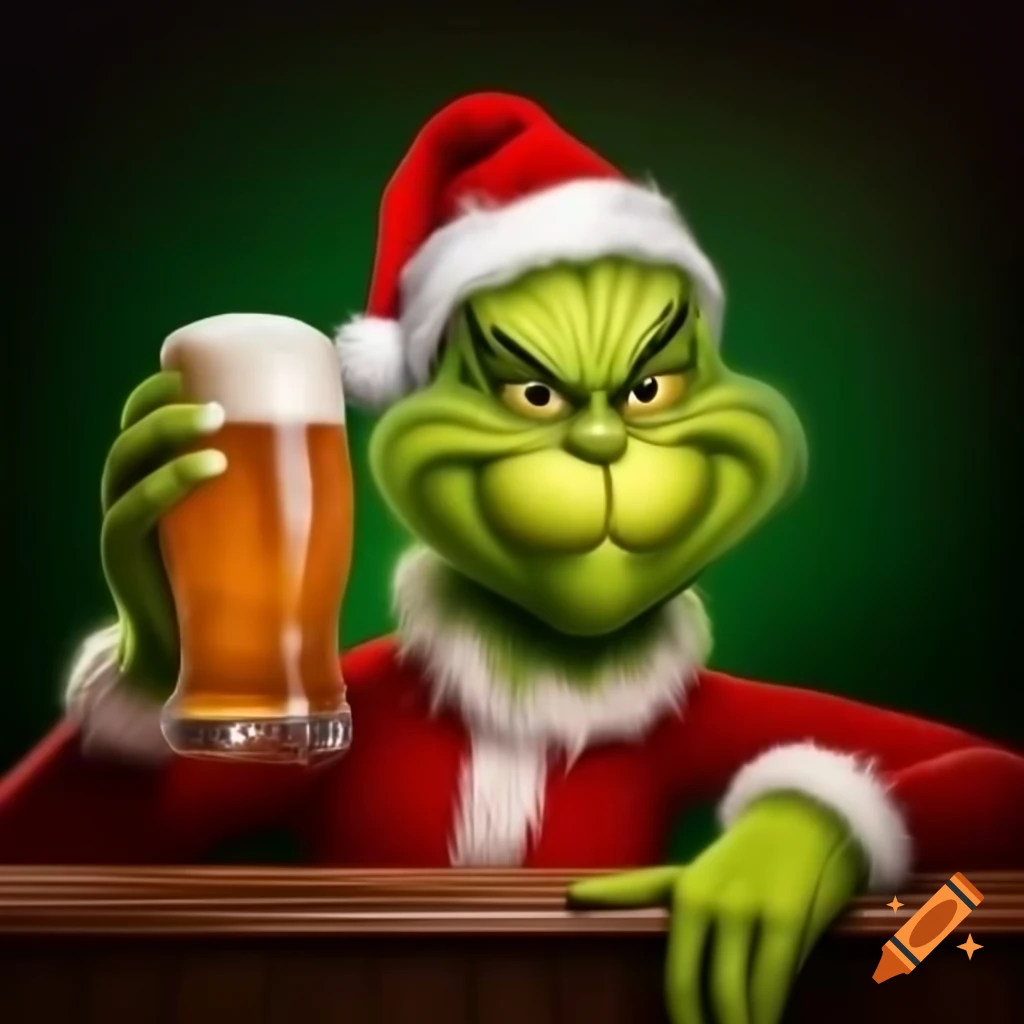 Grinch character holding frosty pint of beer on christmas shirt design ...