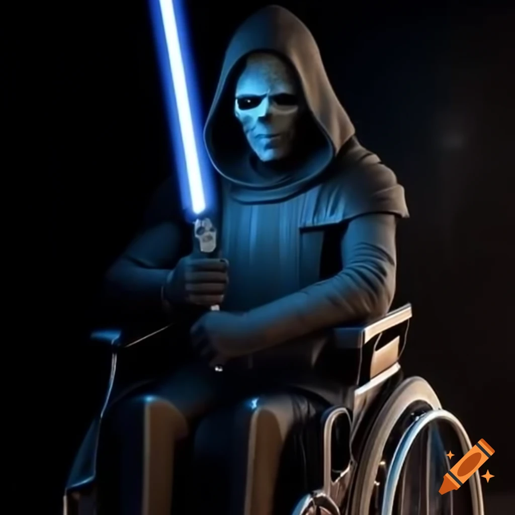 Shadow warrior in wheelchair wielding lightsaber on Craiyon