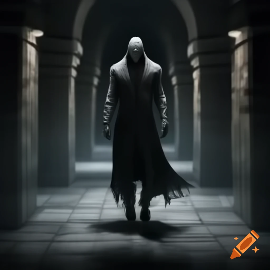 Ominous spectral fighter made of shadows in stone corridor on Craiyon