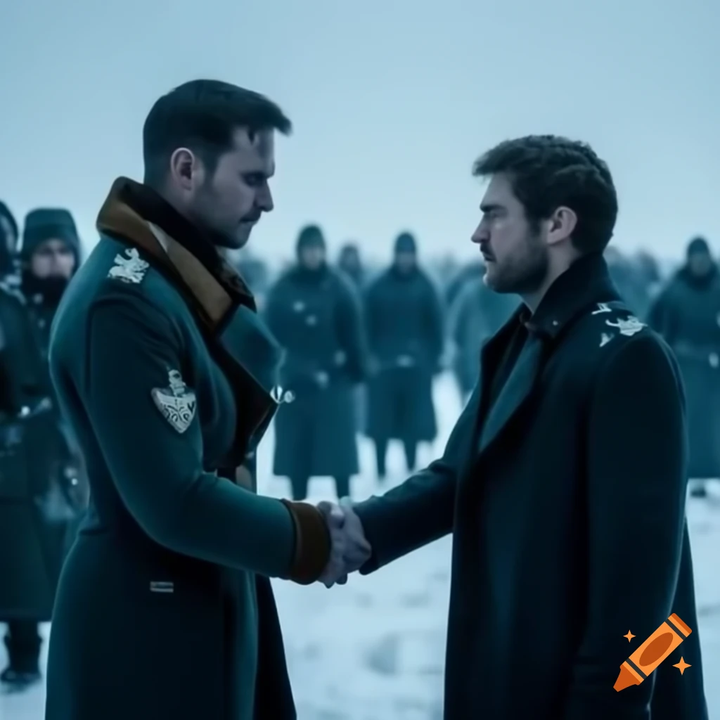 Two modern generals shaking hands in snowy battlefield with vigilant ...