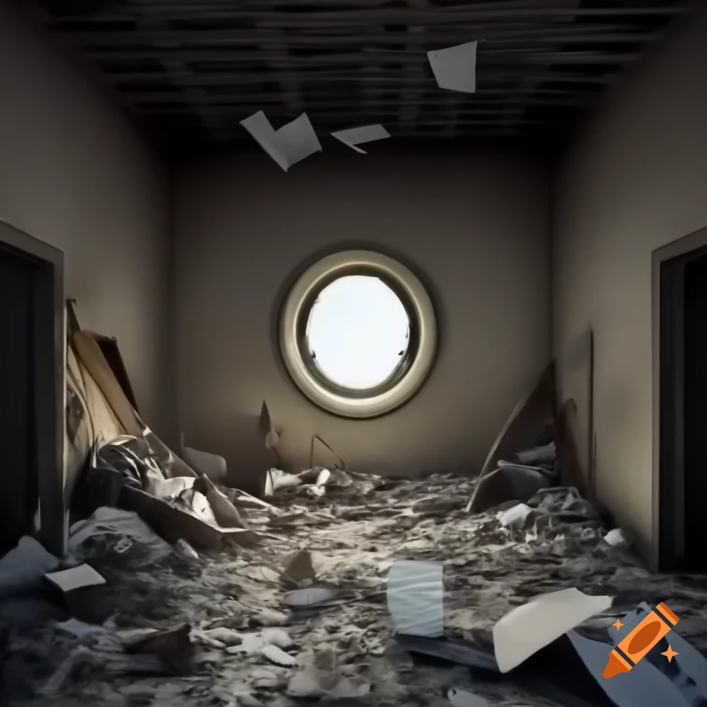 Disorganized destroyed room with piles of papers, trash, tools, and a ...