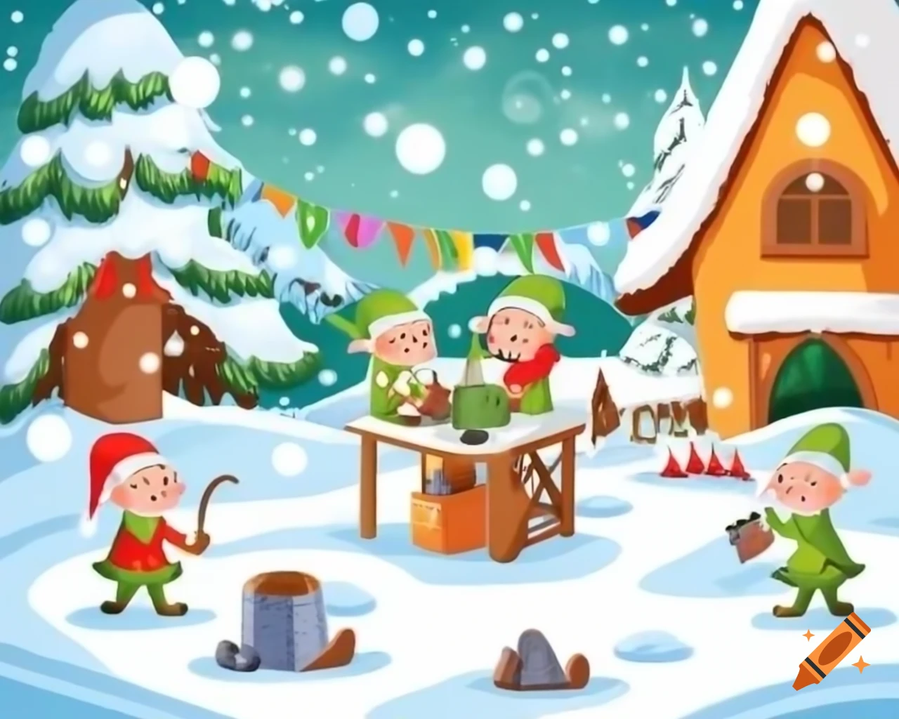 Cheerful elves working in workshop in snowy landscape of Elfville on ...