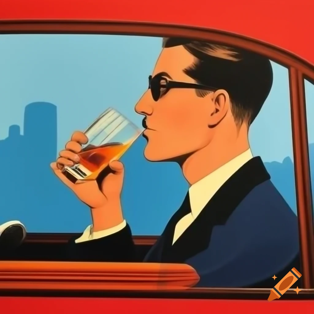 1950s advertising illustration of man drinking whiskey while driving on Craiyon