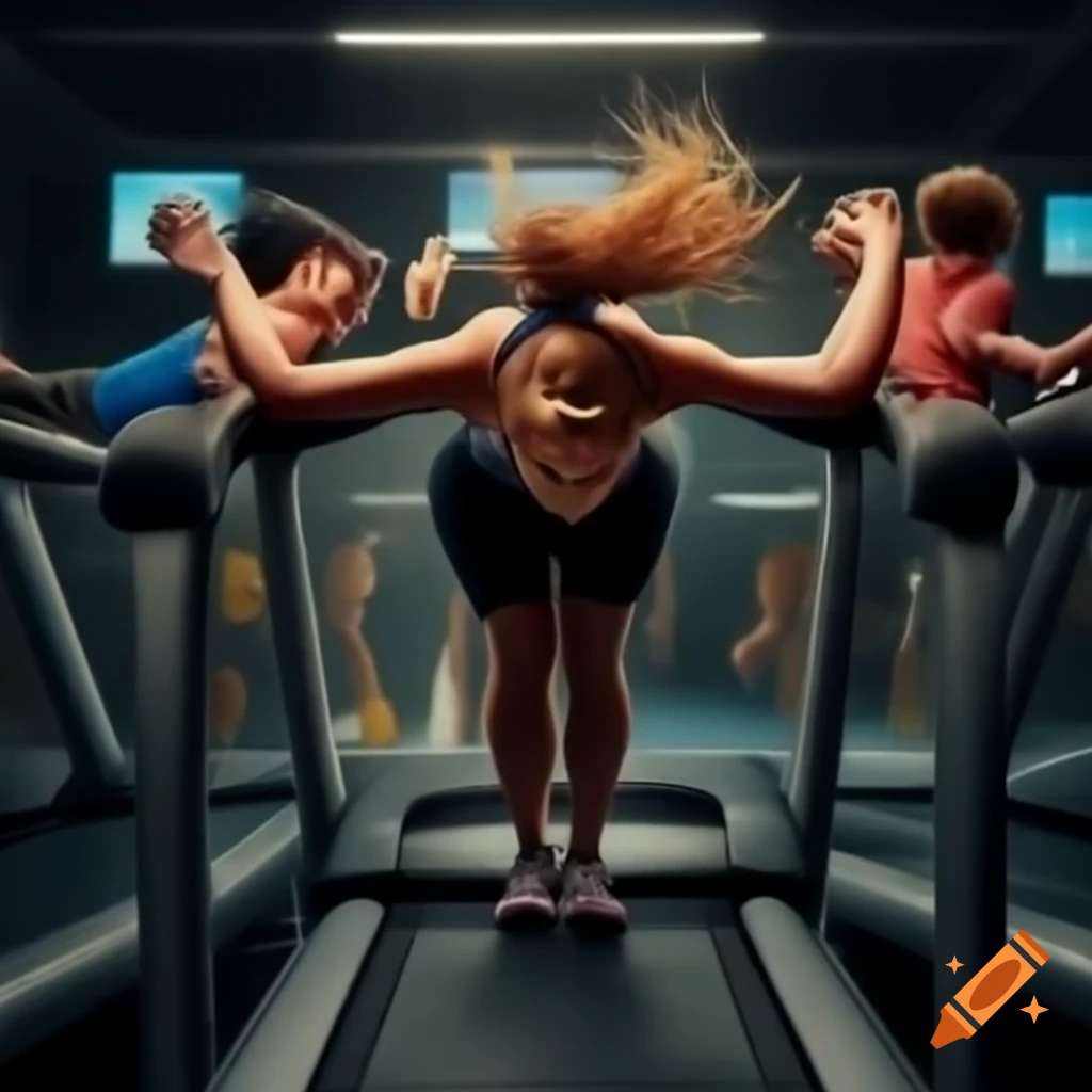 Sleep-deprived single mother running on treadmill in gym with children ...