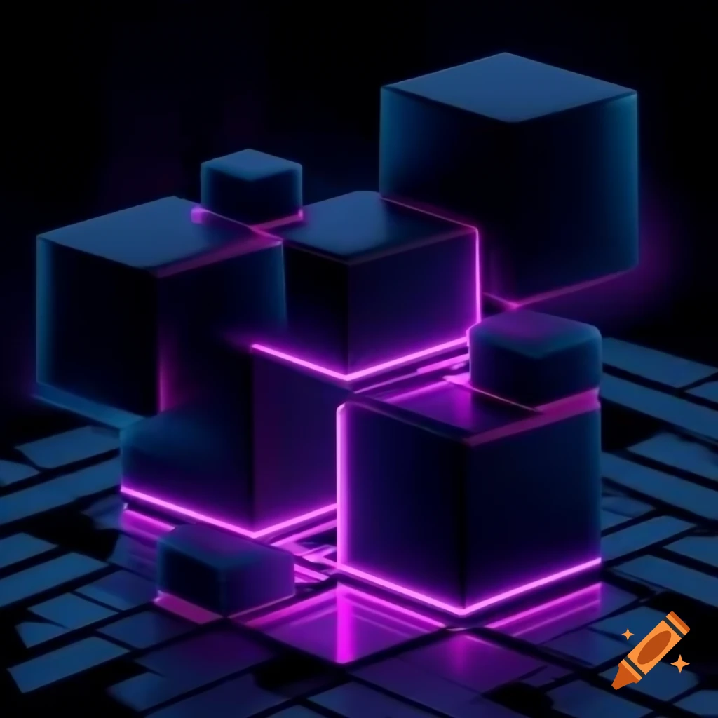 Digital neon grid with abstract blocks and structures interconnected by ...