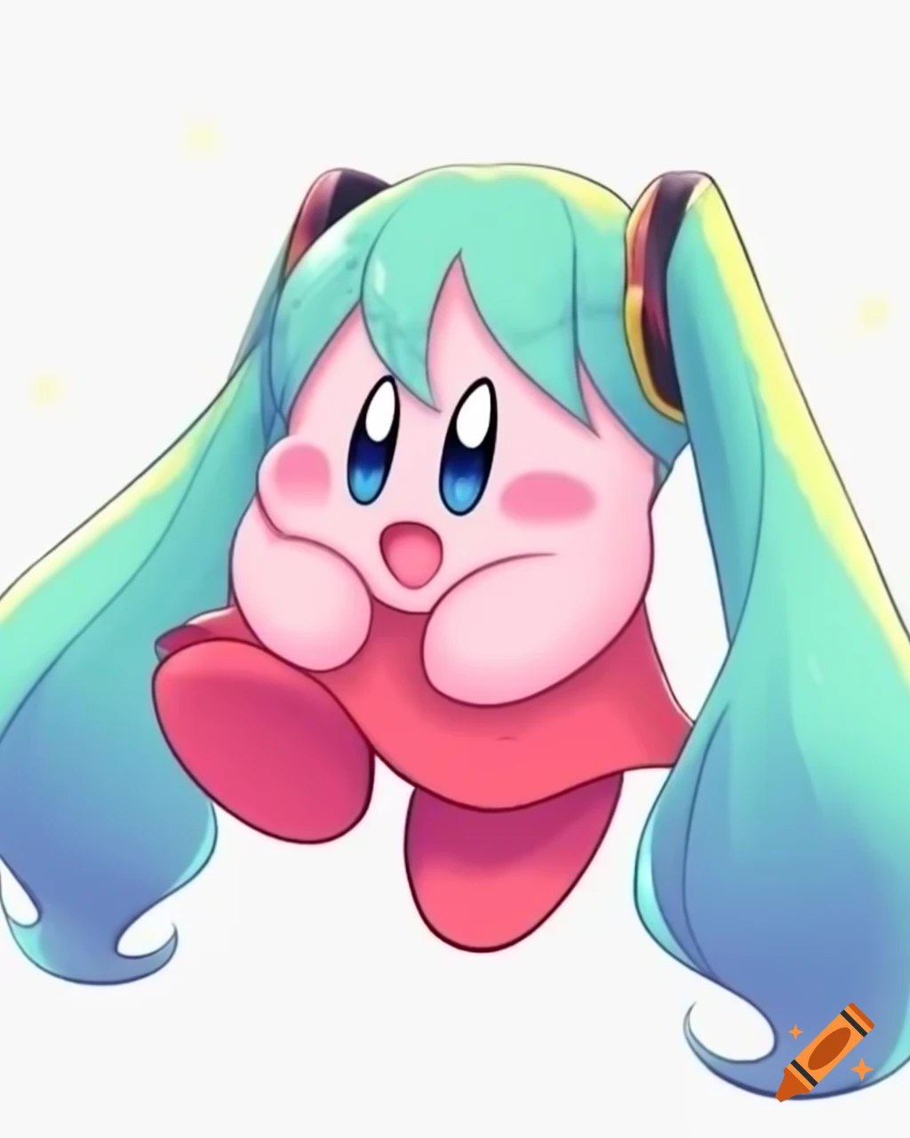 Kirby wearing Hatsune Miku's skirt, smiling and blushing on Craiyon