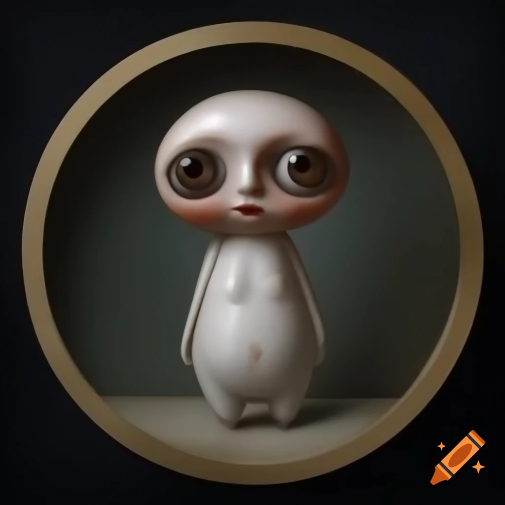 Distorted porcelain doll's face in circular frame hinting at dark fairy ...