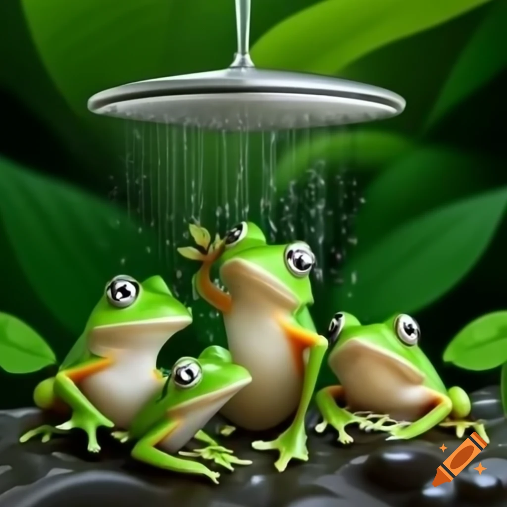 Vibrant family of frogs enjoying rain shower in lush rainforest on Craiyon