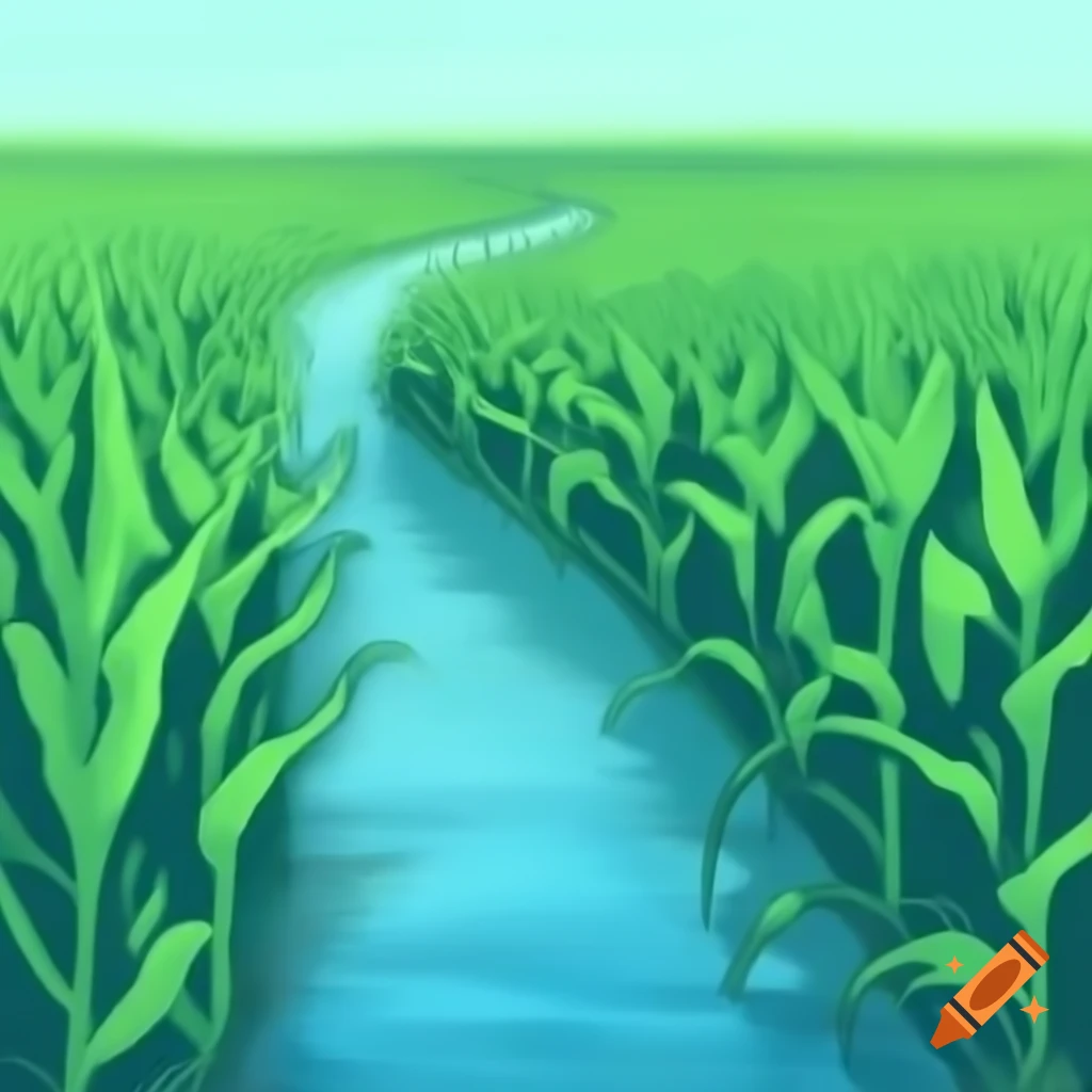Simplified drawing of a gently curving river and cornfield on Craiyon