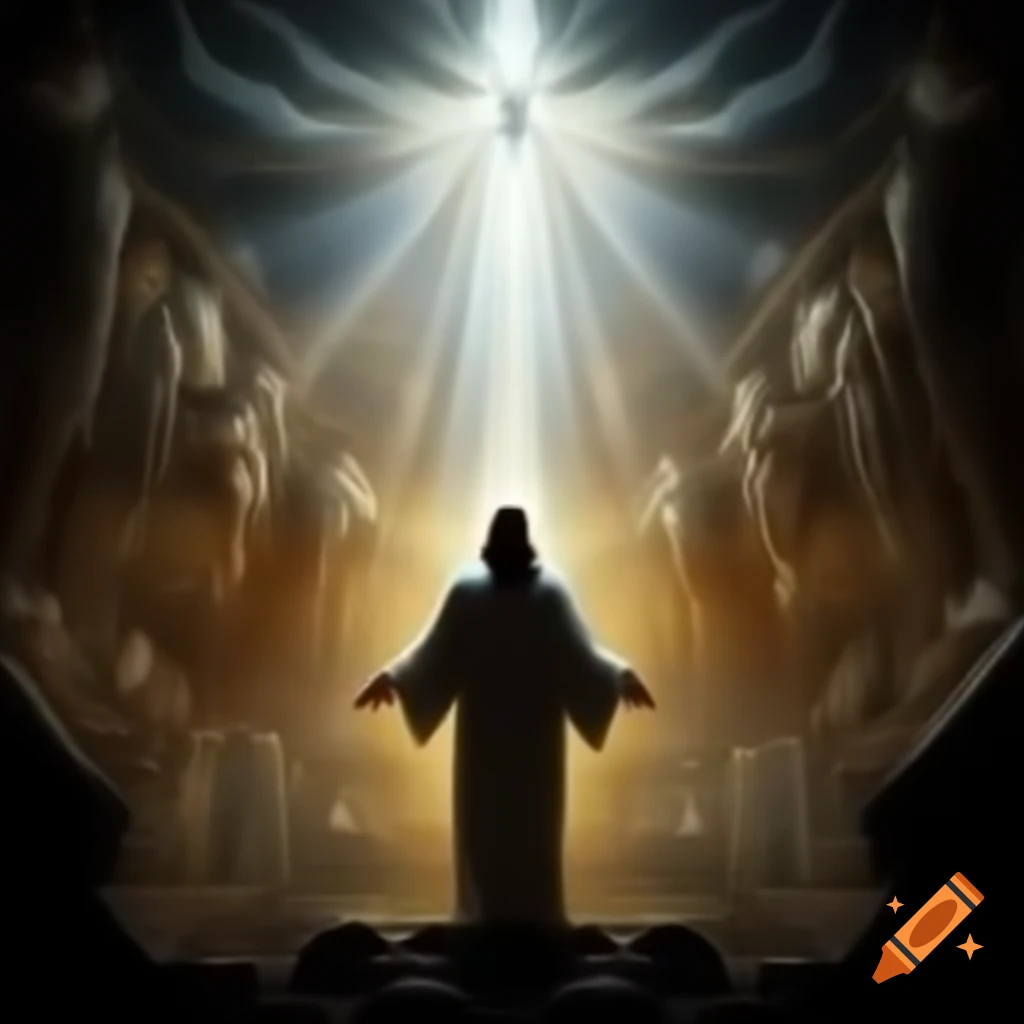 Photorealistic depiction of Jesus in humble prayer before majestic ...