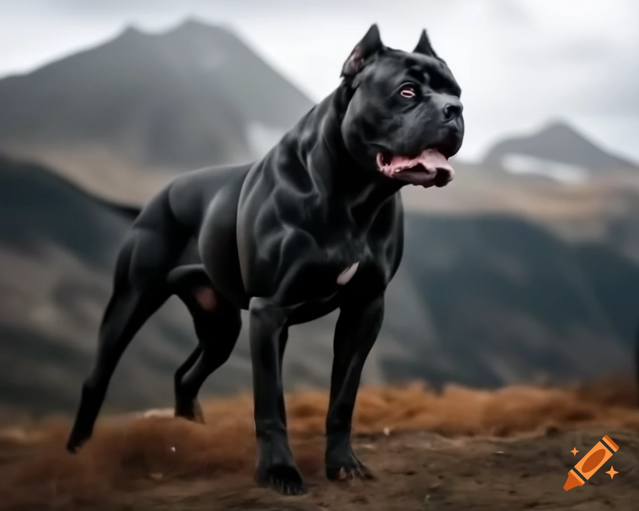 Life-sized black Cane Corso dog with muscular body and blue eyes on Craiyon