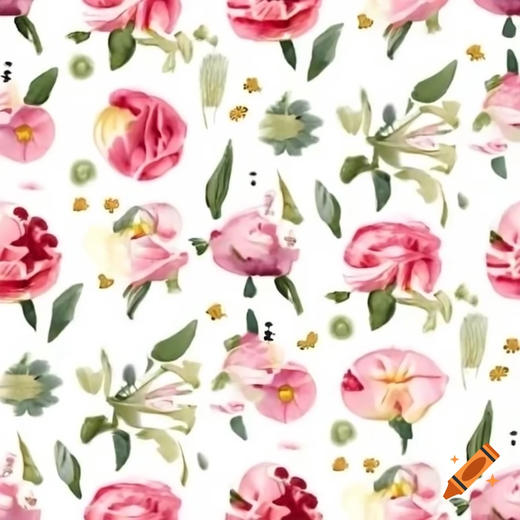 Professional watercolor botanical illustration with repeating pattern of diverse flowers on Craiyon