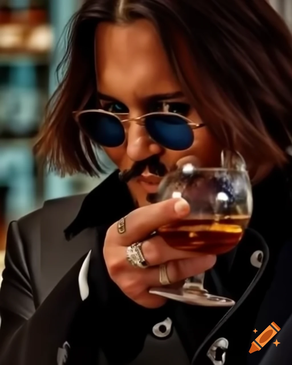 Close-up of Johnny Depp smiling with whisky bottle on Craiyon