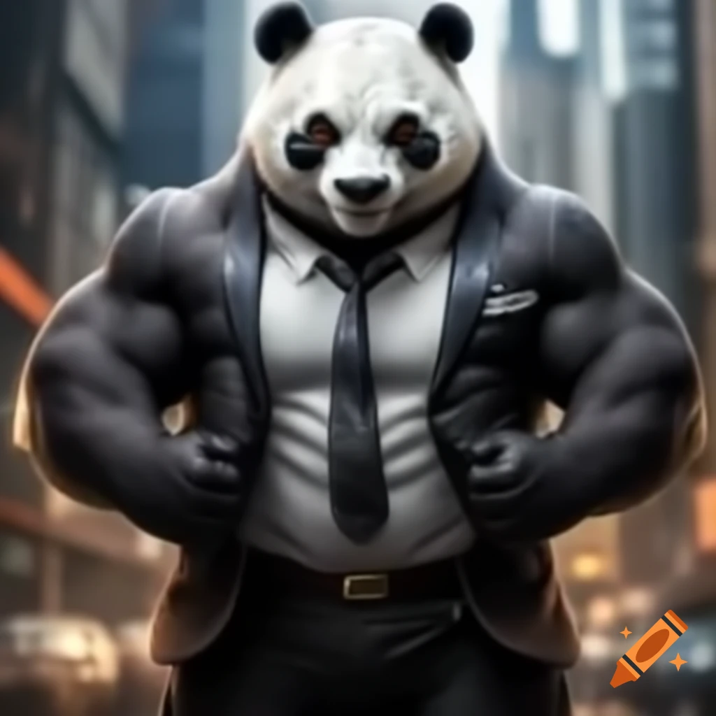 Anime-style muscular panda in a suit striking a pose on Craiyon