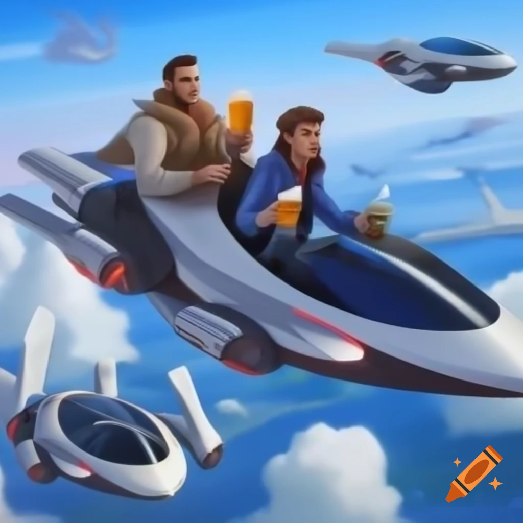 Friends enjoying cold beer in futuristic flying cars above a city on ...