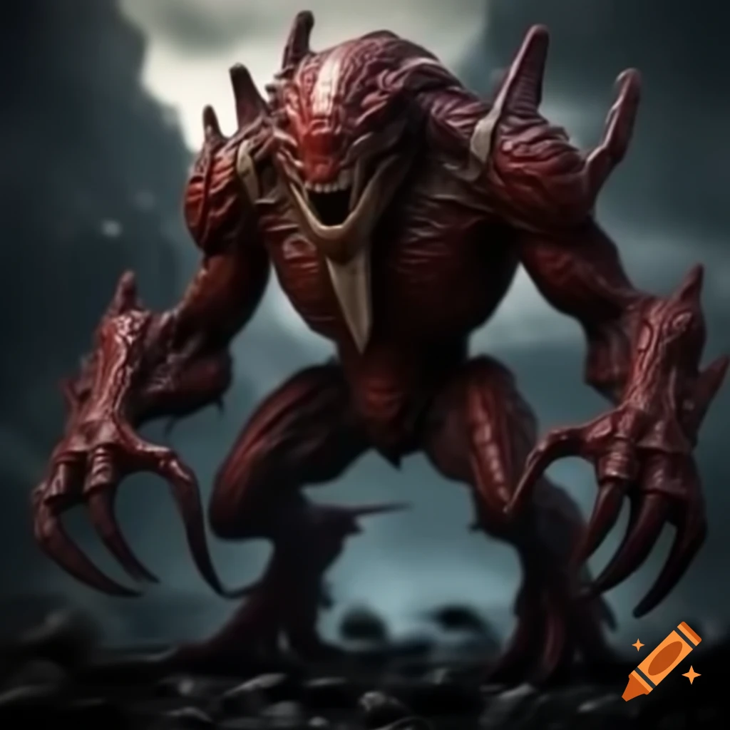 Brute alien with attack jaws and multiple arms in rocky terrain on Craiyon