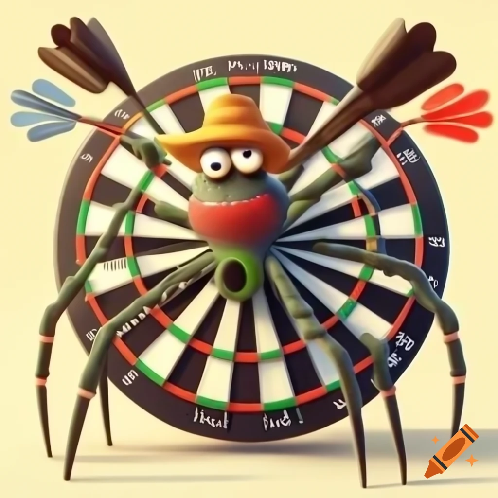 Cartoon spider with hat over dartboard resembling spider web with steel ...