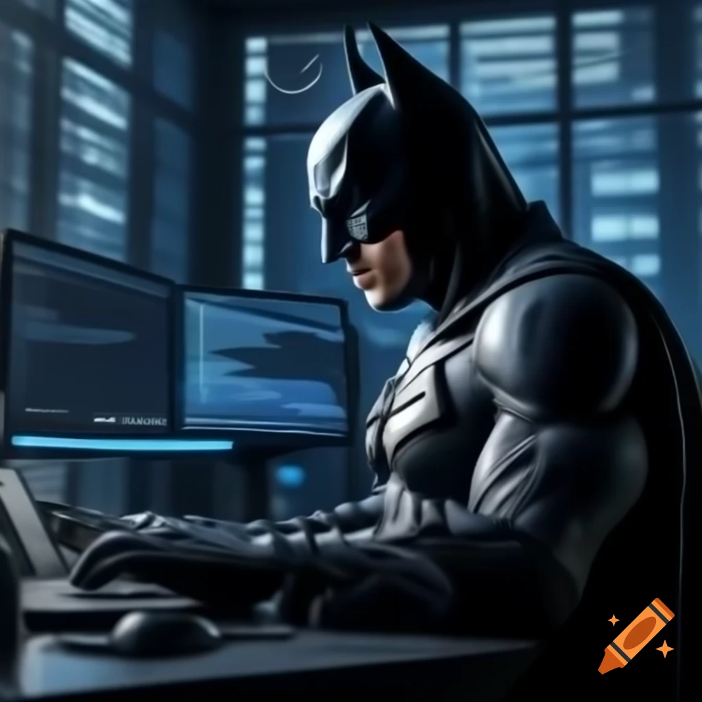 Batman in black suit typing code at modern computer desk on Craiyon