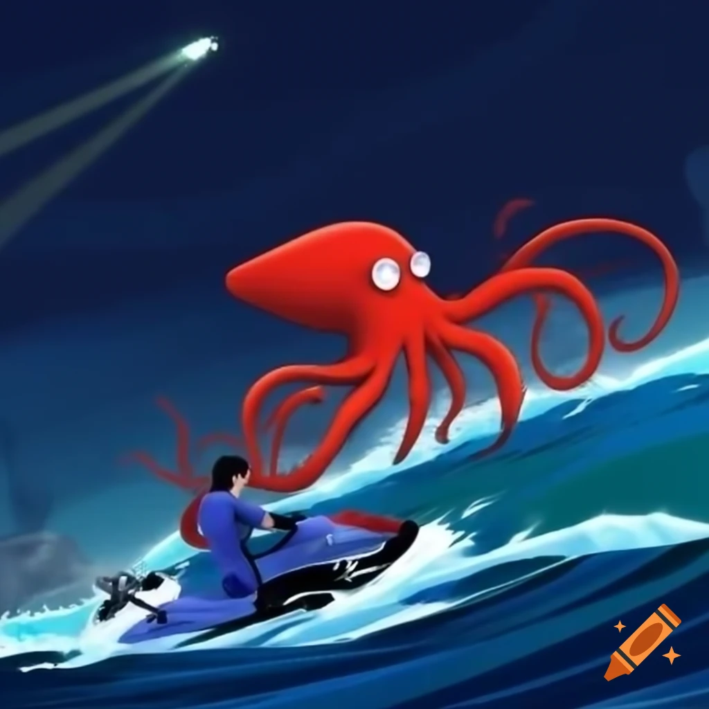 Red giant squid jumping from whirlpool at night with man on blue jet ski on Craiyon