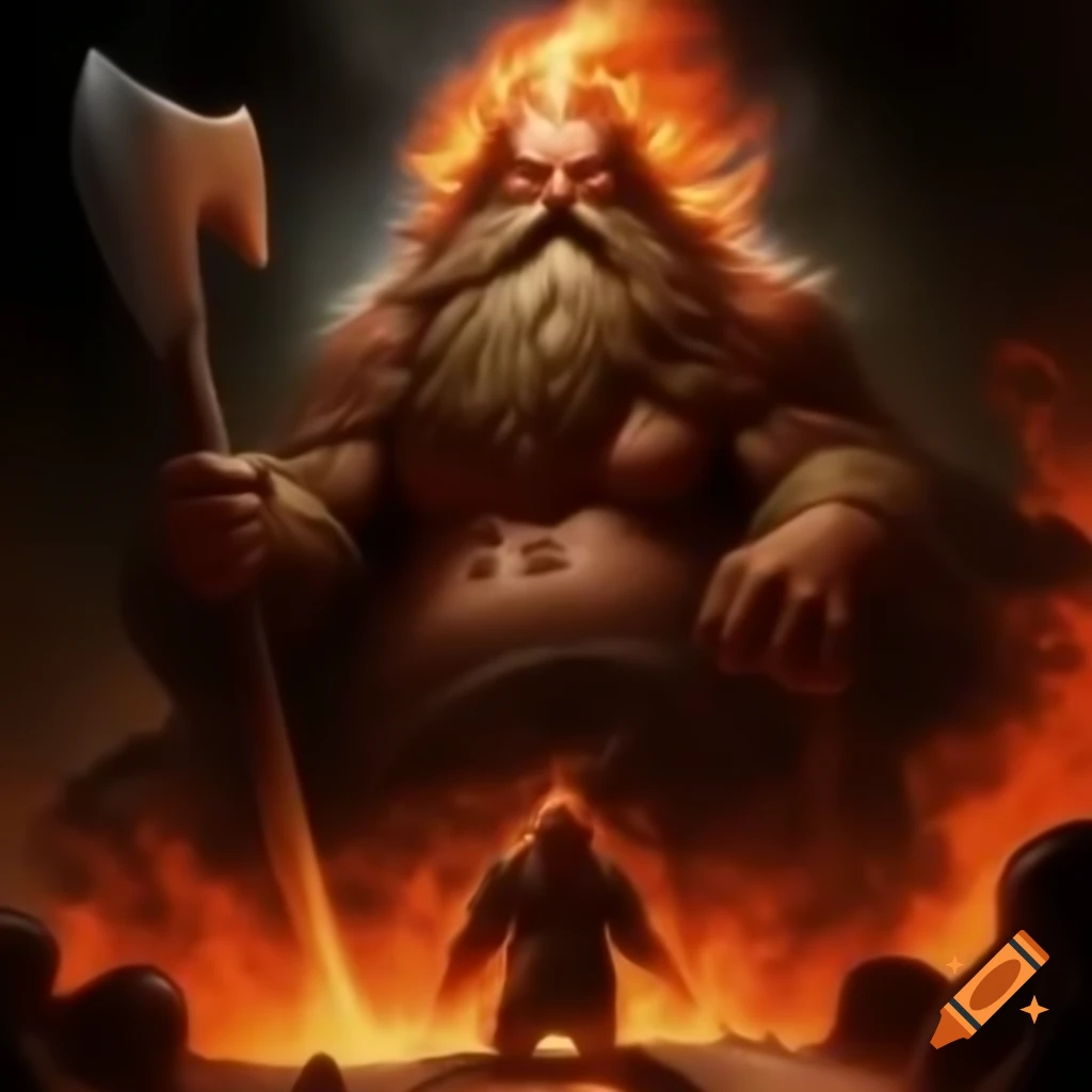 Fire giant with red beard and lava axe surrounded by small humanoids on ...