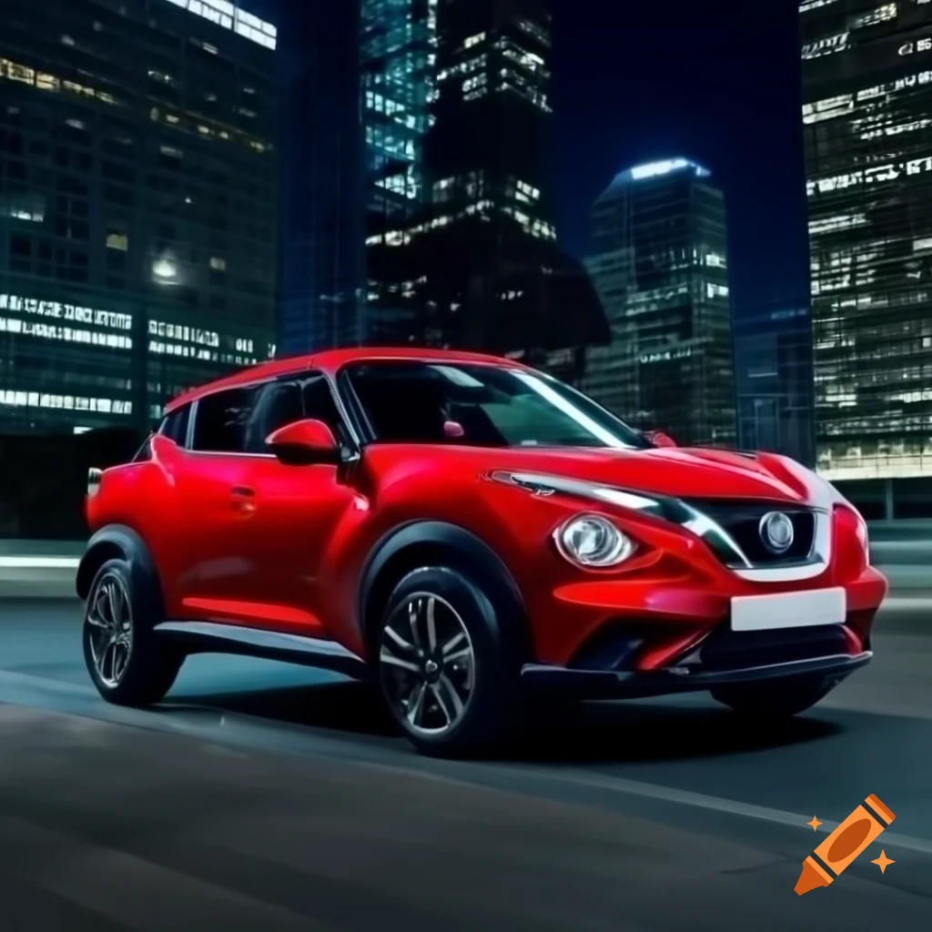 Red Nissan Juke with grey roof in a bustling city at night on Craiyon