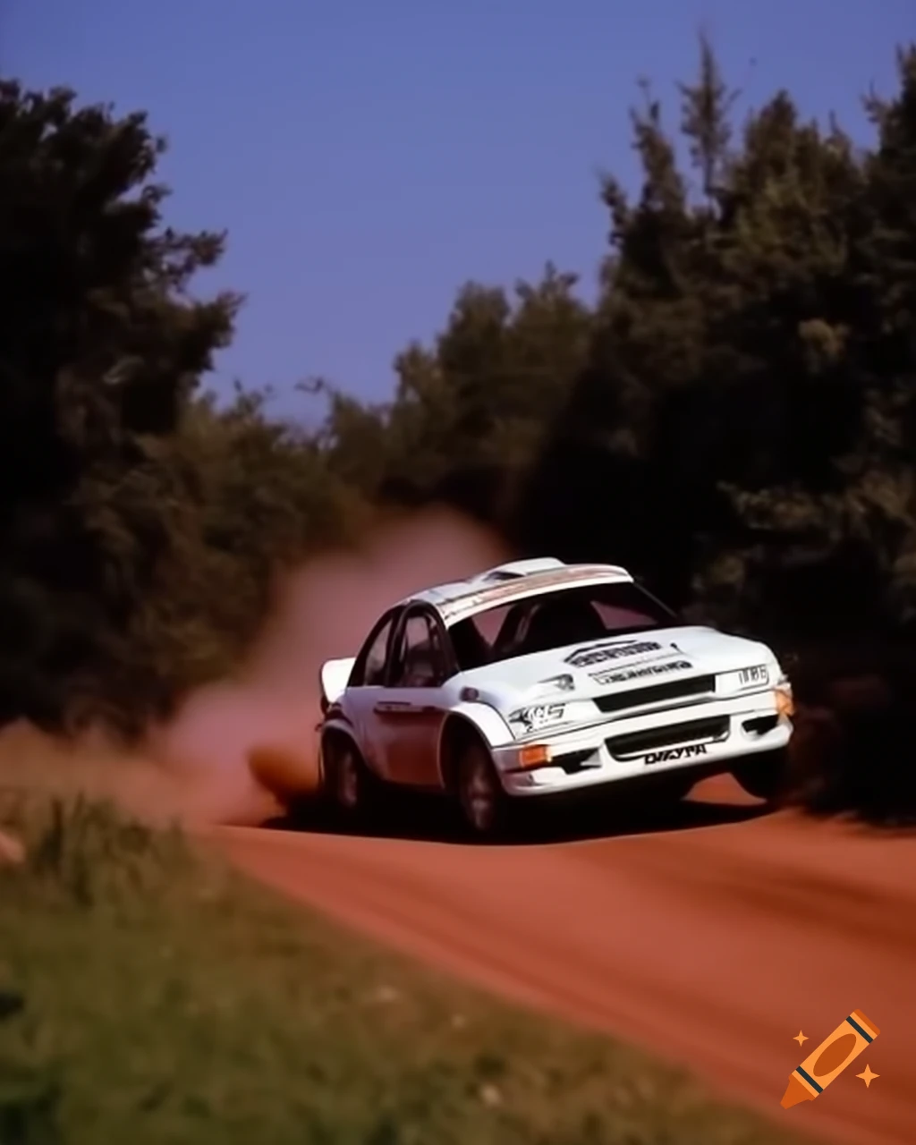 Rally racing car turning on muddy track with retro TV camera effect on ...