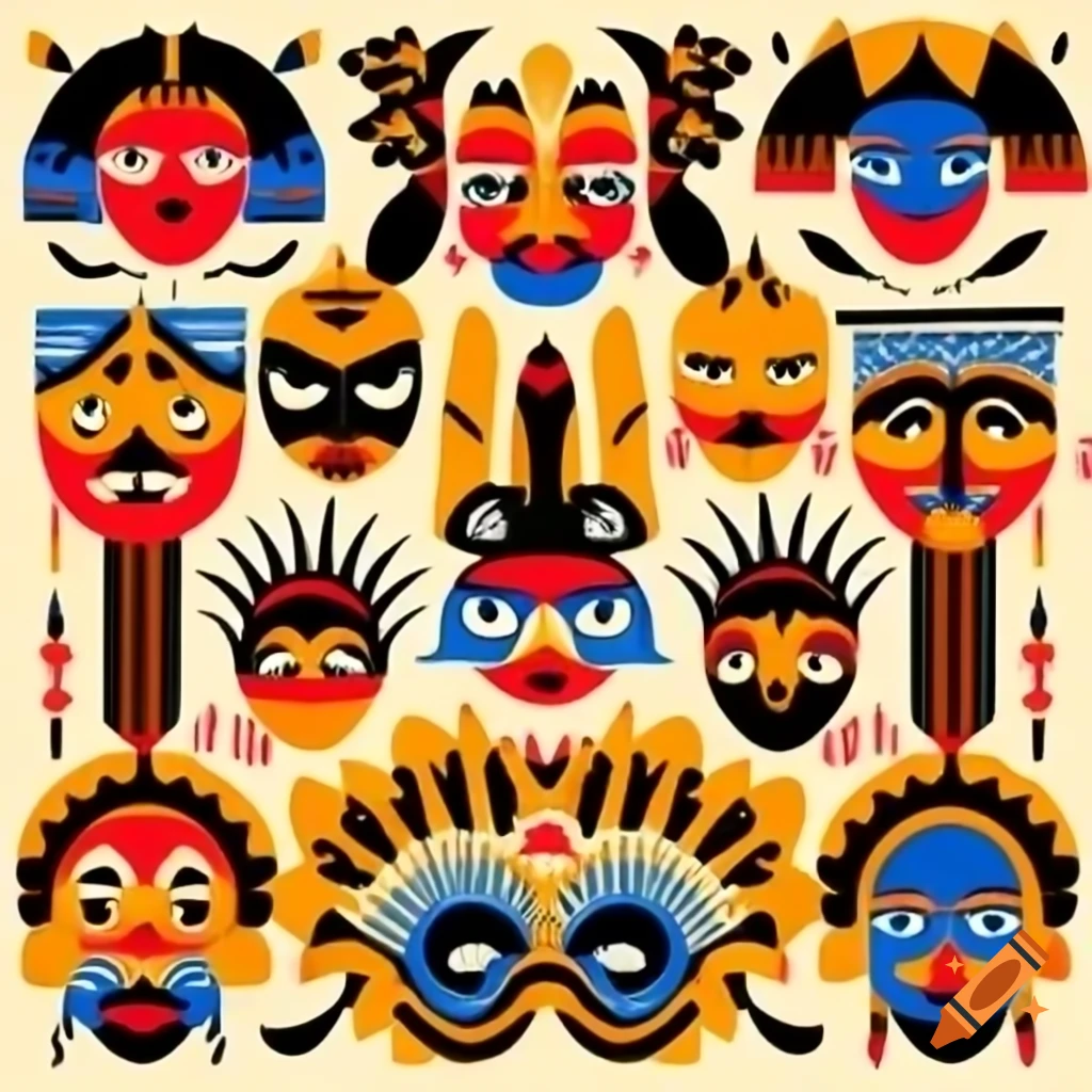 Repetitive print design inspired by Oceania traditional masks with ...