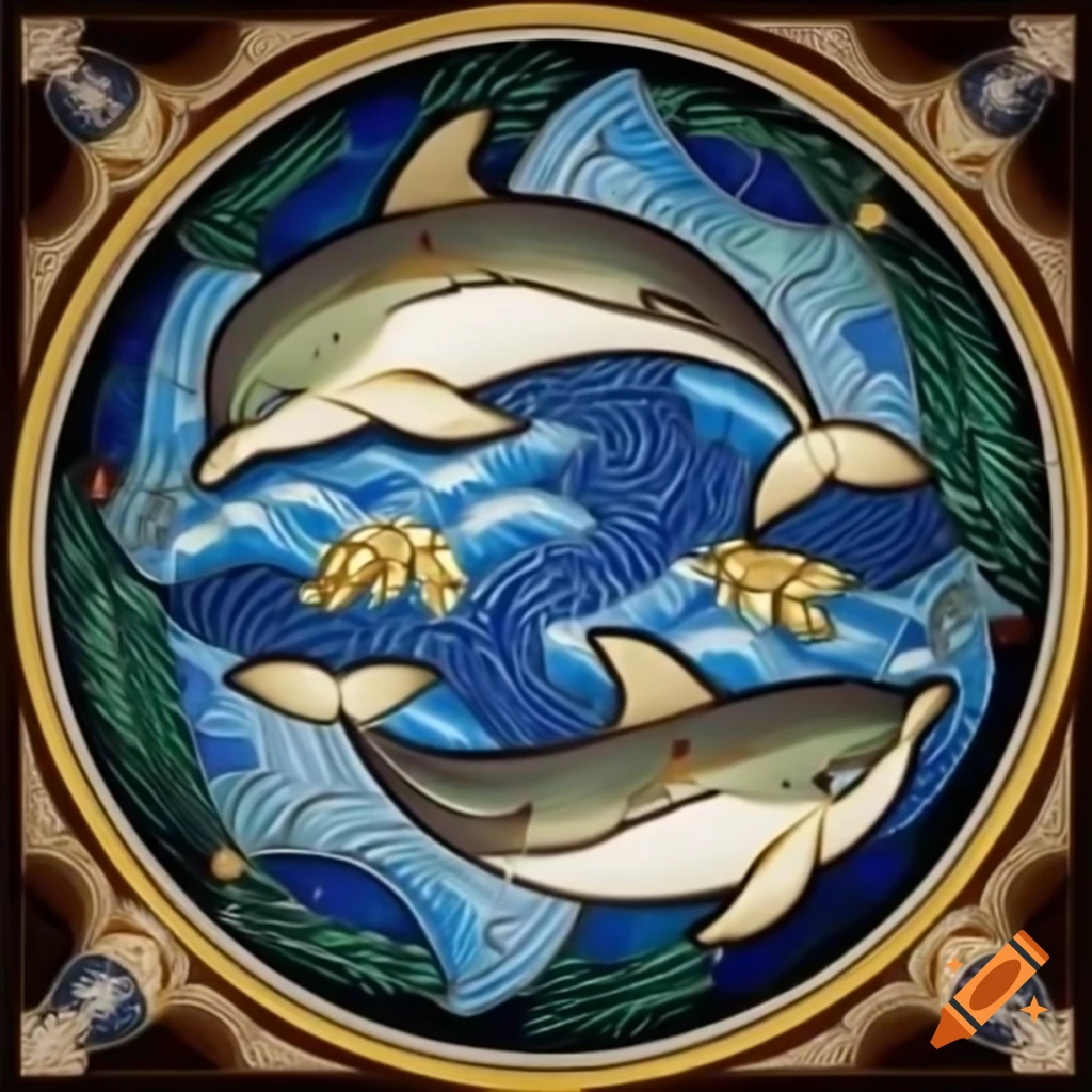 Intricate byzantine mosaic of dolphins symbolizing harmony on Craiyon