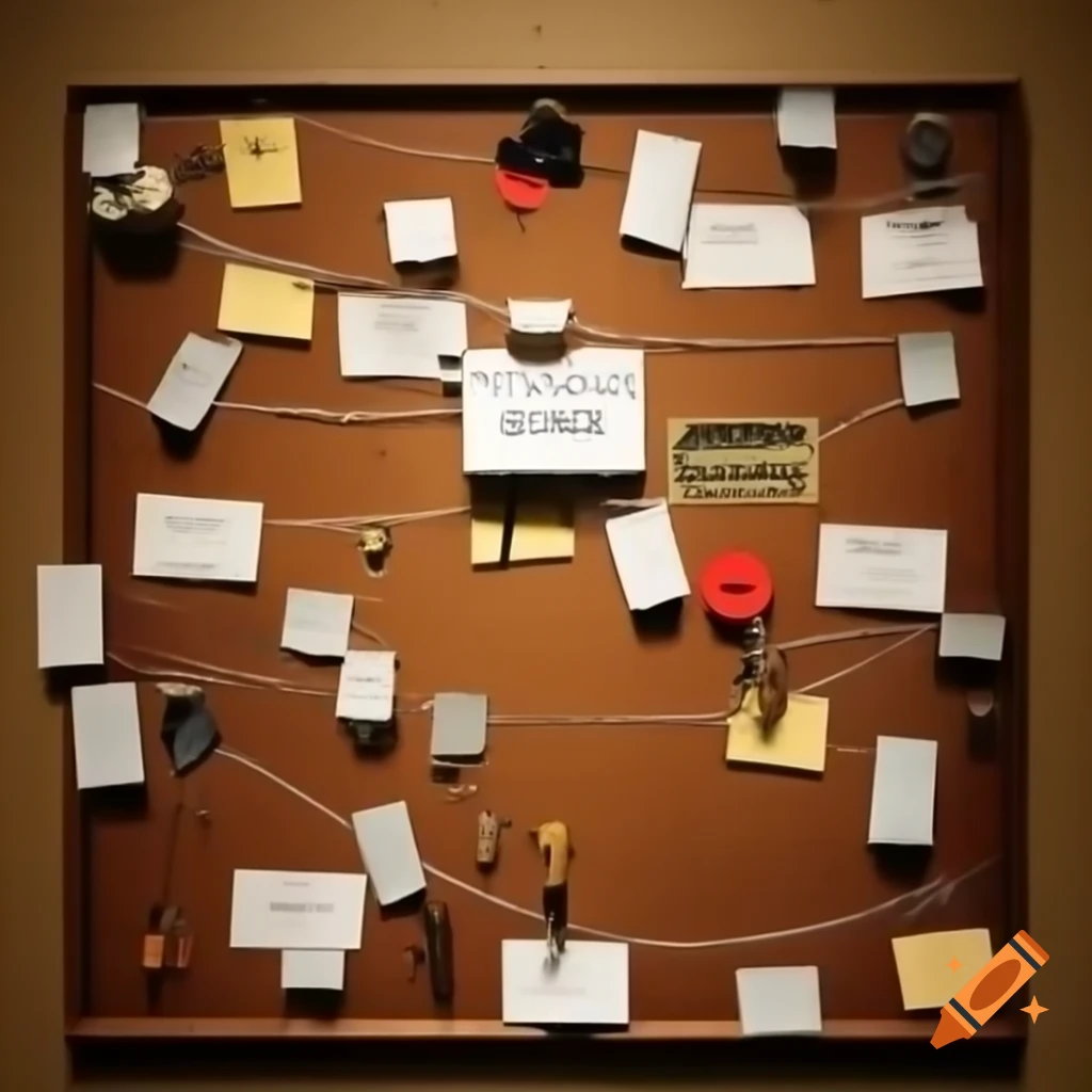 Investigation board with strings and pins featuring 'COMING SOON' and ...