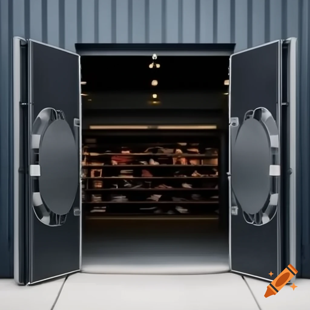 Shoe store with open metal vault entry and security guards on Craiyon