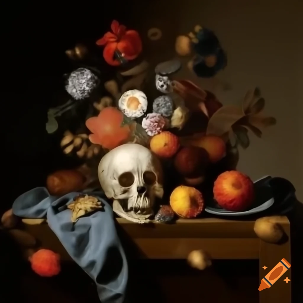 17th-century Dutch Masters still life featuring skull and autumn fruits ...