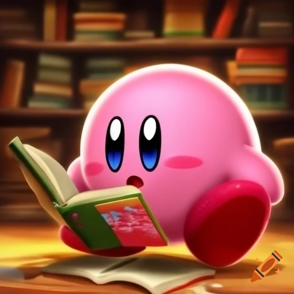 Kirby character surrounded by a pile of books on Craiyon