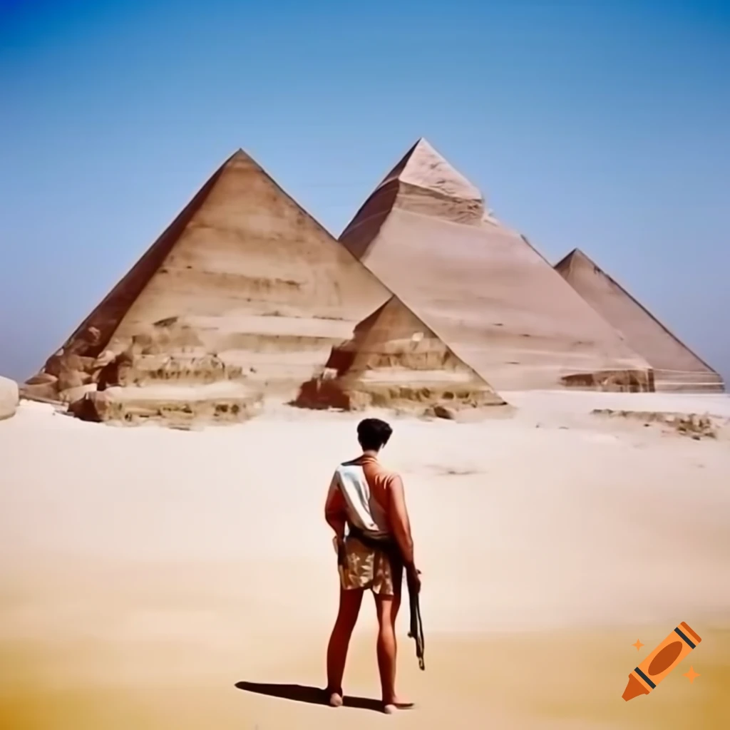 Two men posing in front of Egypt's pyramids, film photography on Craiyon