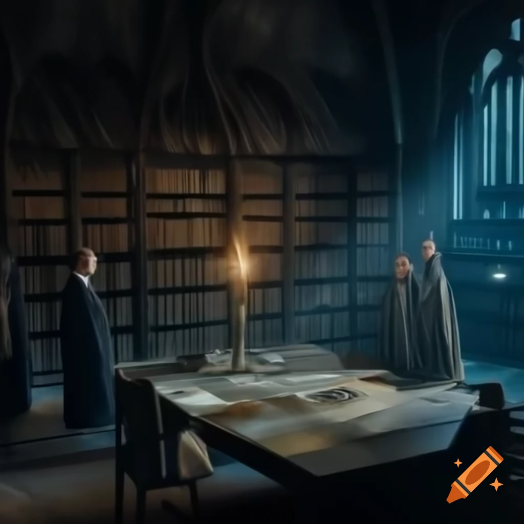 Cinematic scene of Harry Potter in magical library exploring for spells ...