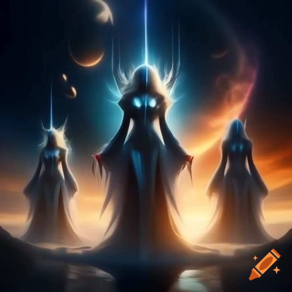 Three faceless fantasy goddesses emerging from celestial realm in ...